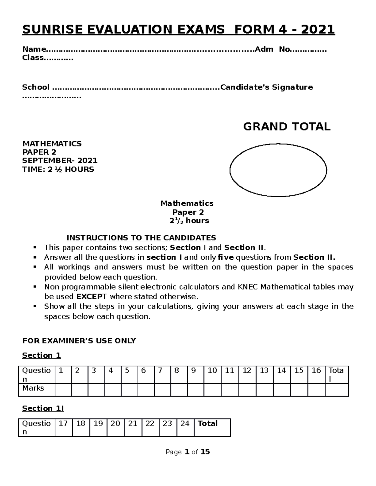 121 F4 Mathematics P2 QS - SUNRISE EVALUATION EXAMS FORM 4 - 2021 - Studocu