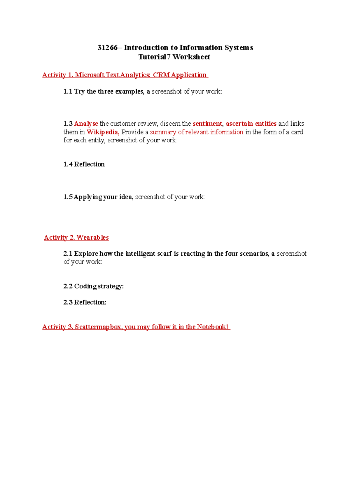 Week9-worksheet - ...... - 31266– Introduction to Information Systems Tutorial7 Worksheet ...