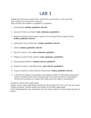 Lab 3 statistics - Lab 3 Identify the following symbols: n- used for ...