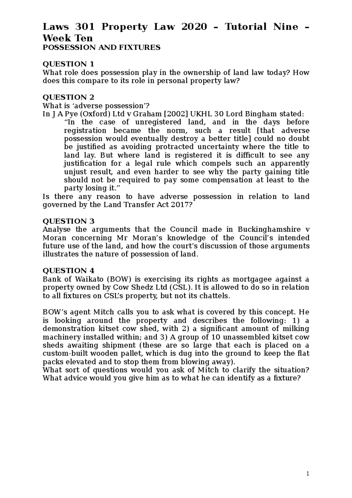 LAWS 301 Tutorial 9 - tutor's version 2020 - Laws 301 Property Law 2020 ...
