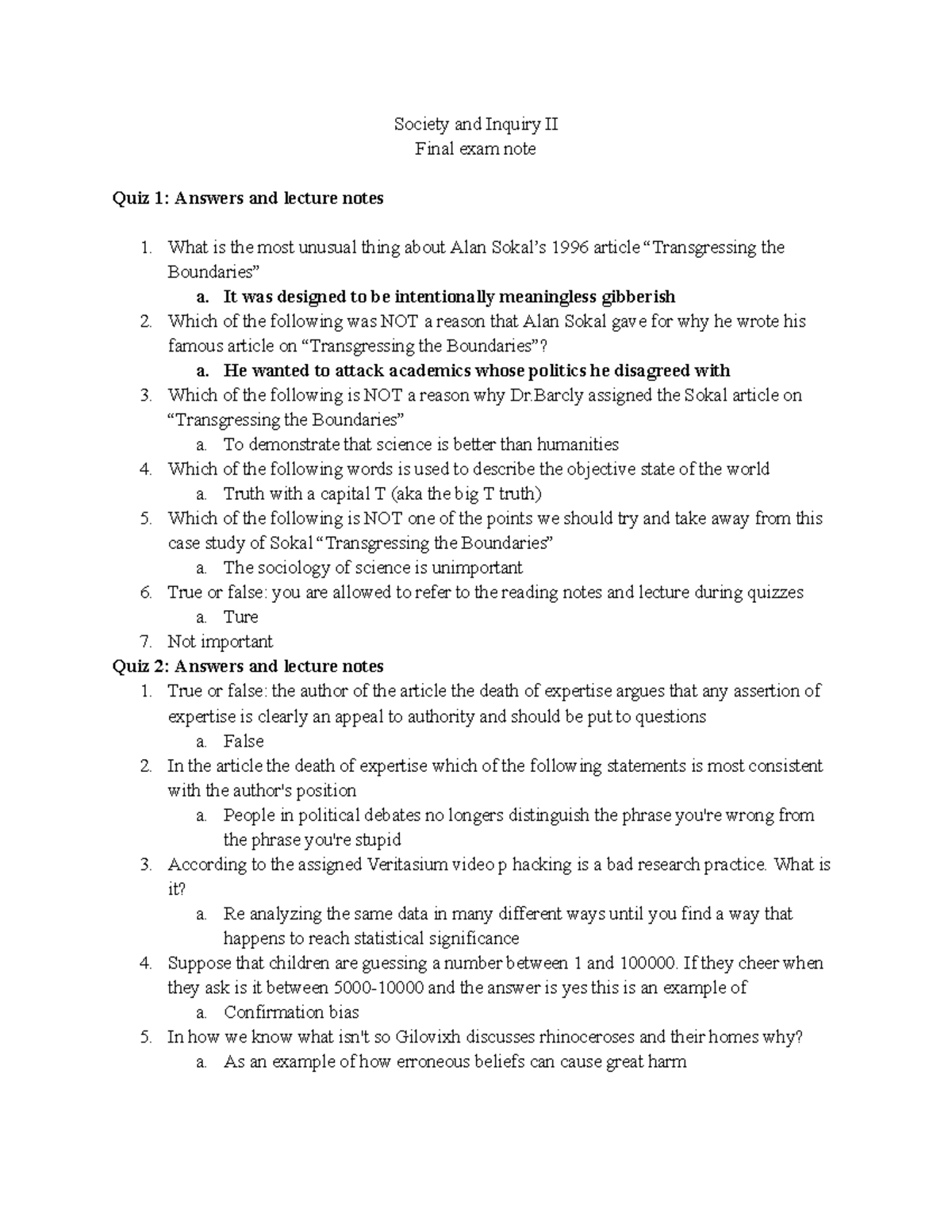 ASCI 1120 final exam - exam prep - Society and Inquiry II Final exam ...