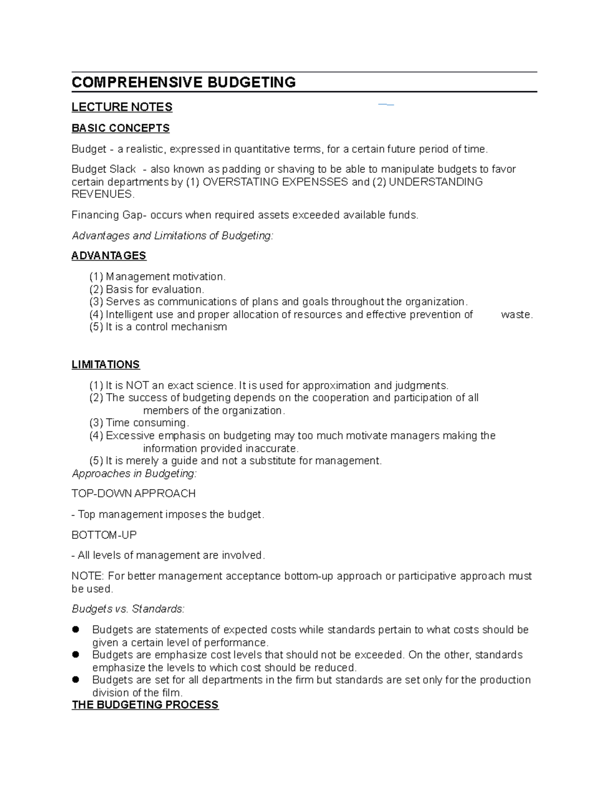 Comprehensive-Budgeting - COMPREHENSIVE BUDGETING LECTURE NOTES BASIC ...