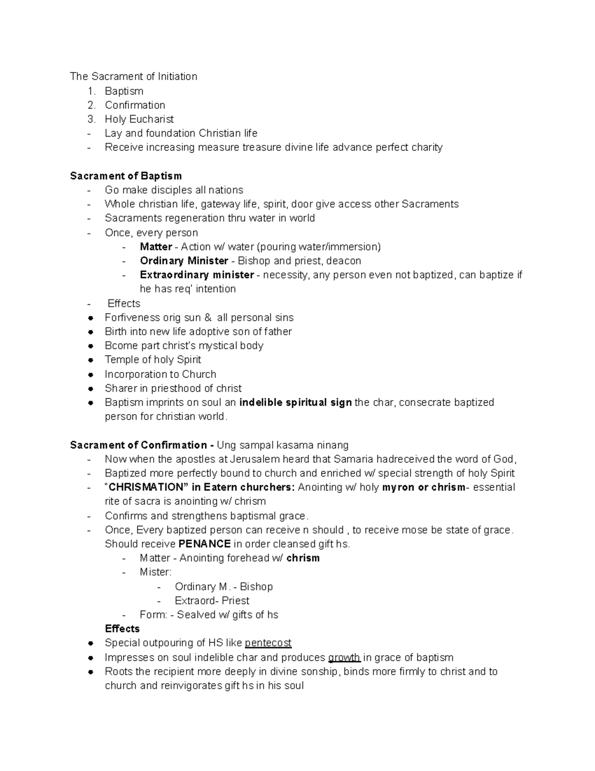 THEOLOGY NOTESSSS - The Sacrament of Initiation 1. Baptism 2 ...