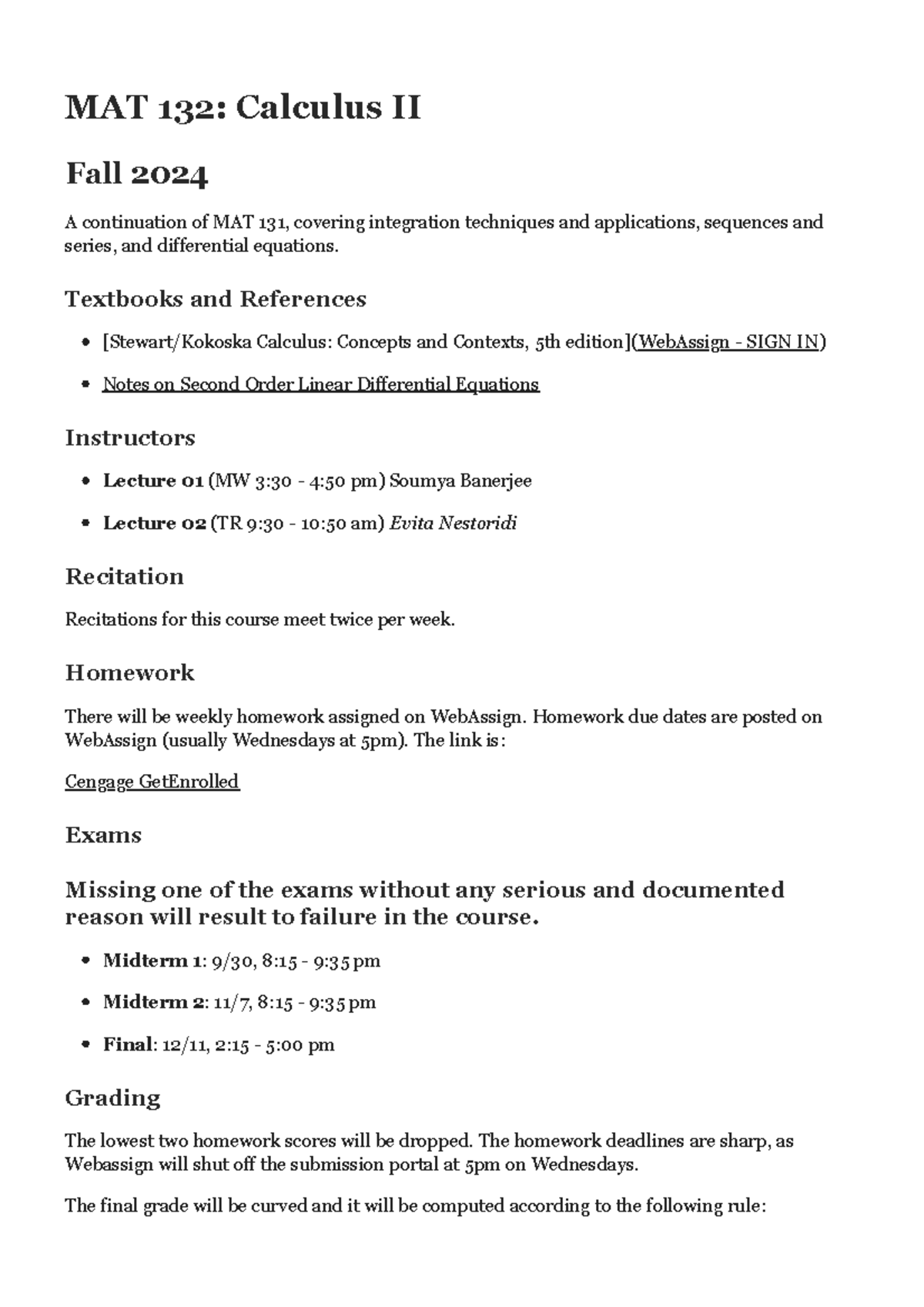 MAT 132 Syllabus Falll 2024 - MAT 132: Calculus II Fall 2024 A continuation of MAT 131, covering ...