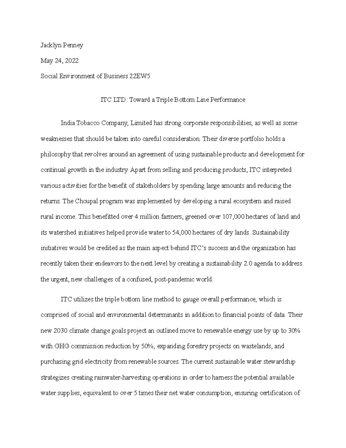 Milestone Two ITC LTD - Jacklyn Penney May 24, 2022 Social Environment ...