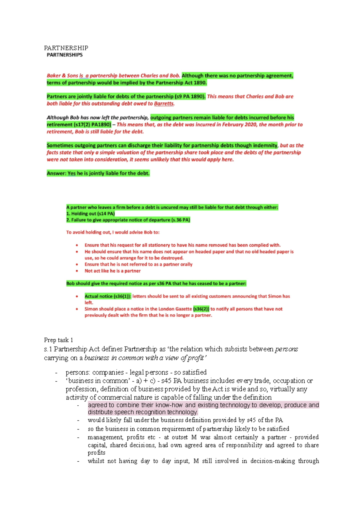 BLP W1 partnership notes - PARTNERSHIP Prep task 1 s Partnership Act ...