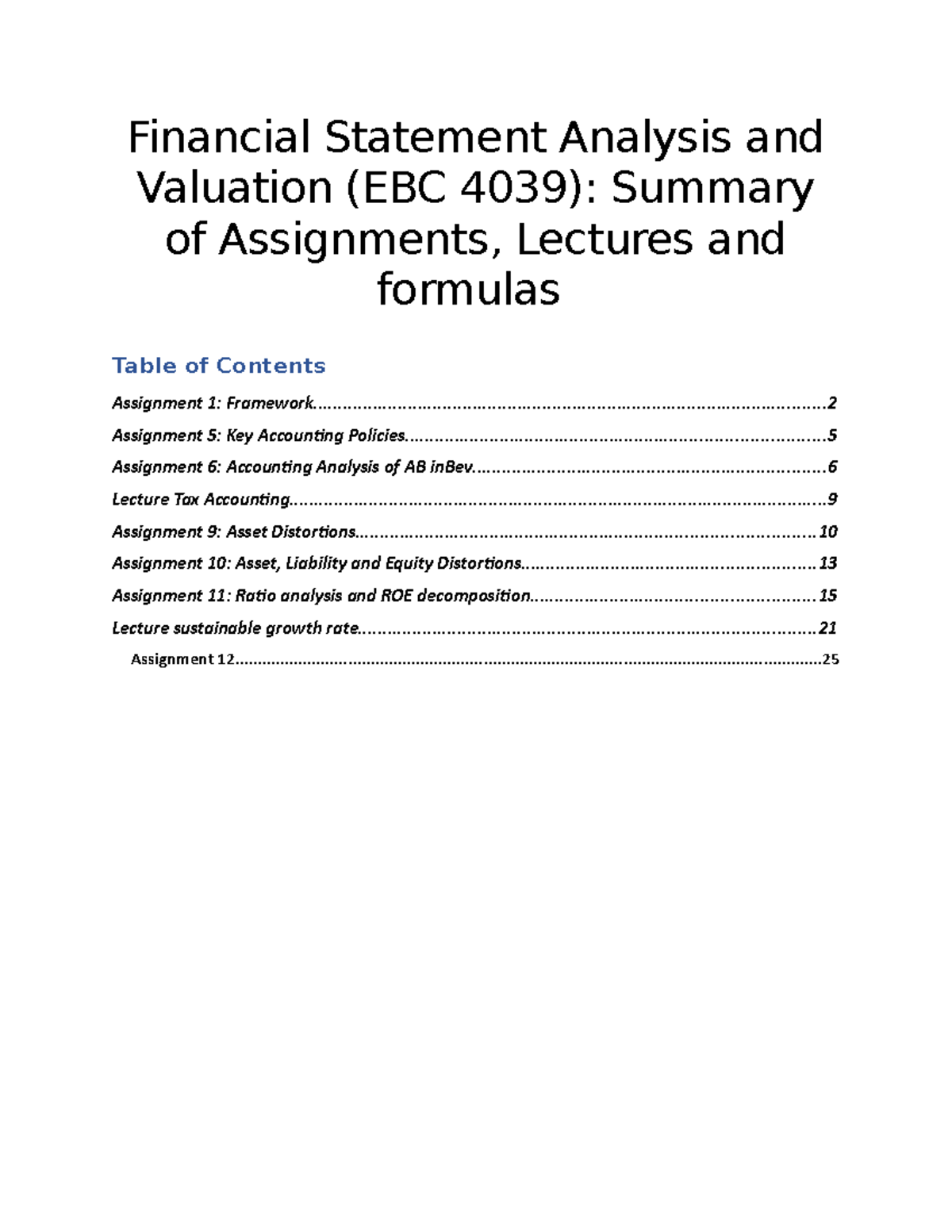 FSA Assignments, formulas and lectures - Financial Statement Analysis ...