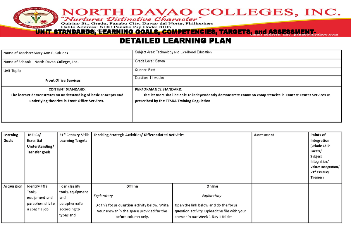 1ST QTR Detailed- Learning-PLAN-format - UNIT STANDARDS, LEARNING GOALS ...