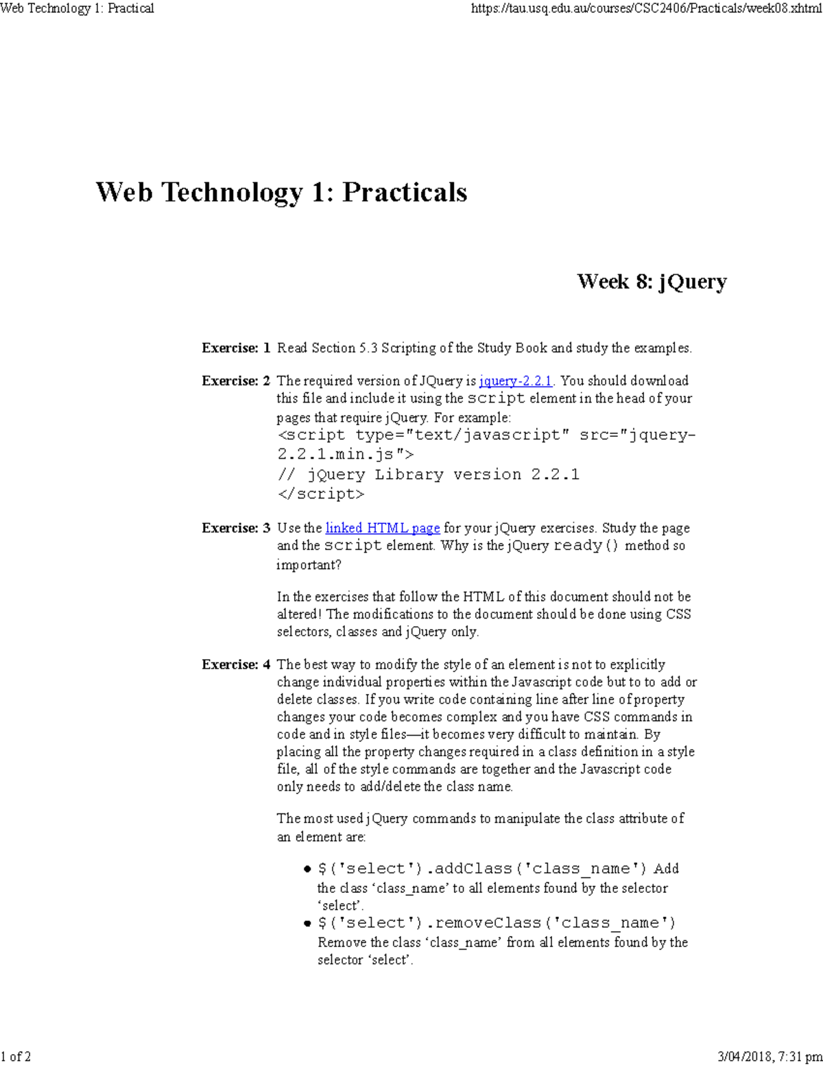 Pratical - Week 8 - Web Technology 1: Practical 1 of 2 - Studocu