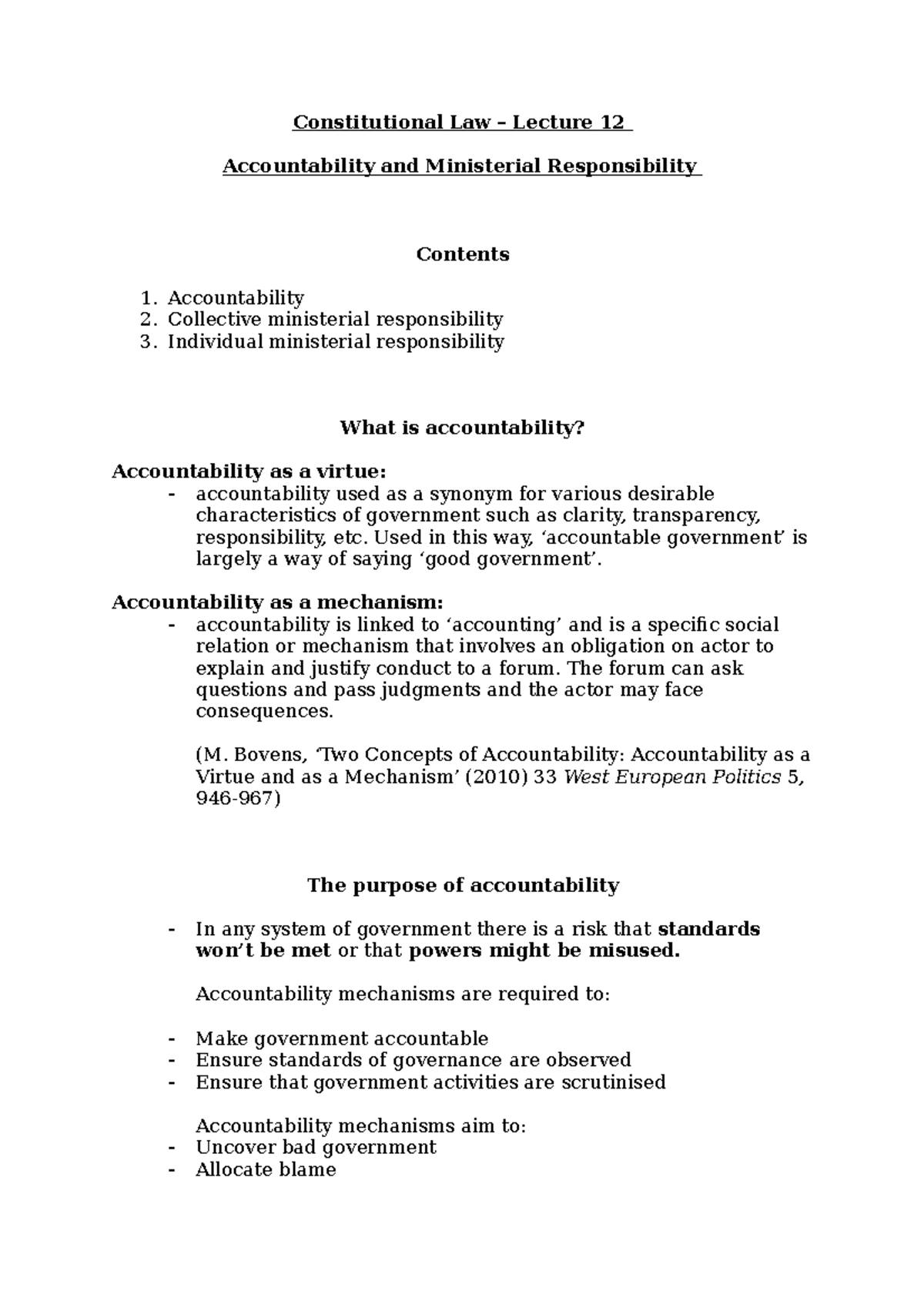 Lecture 12 - Accountability:Ministerial Responsobility - Constitutional ...