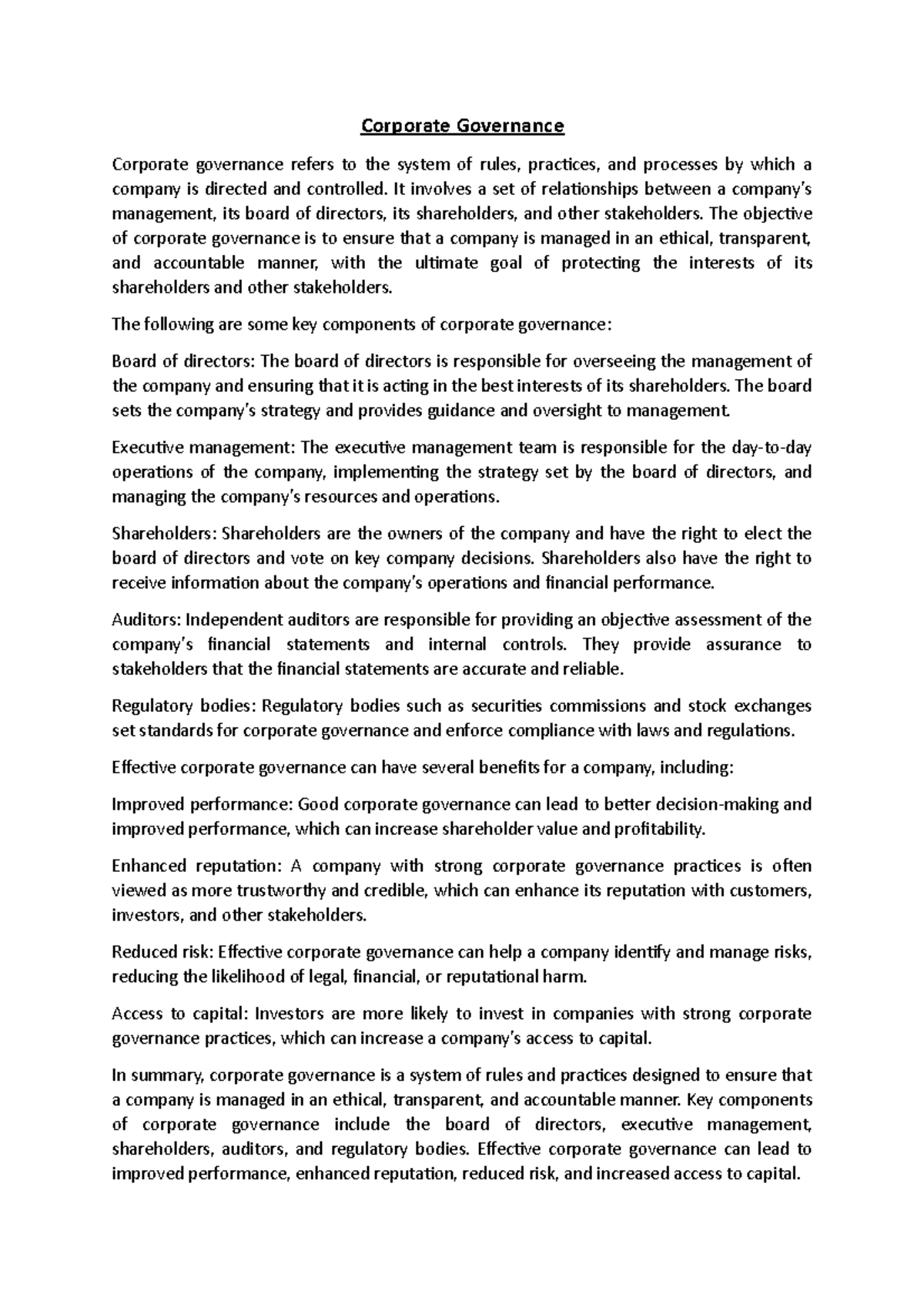 Corporate Governance - Corporate Governance Corporate governance refers ...