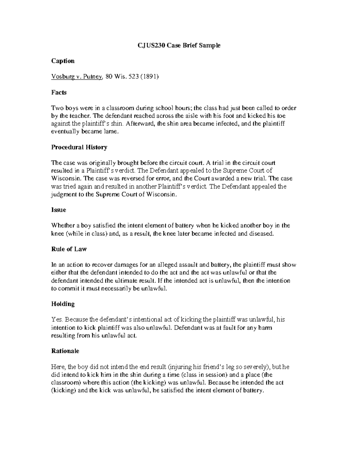 Case Brief Sample - CJUS230 Case Brief Sample Caption Vosburg v. Putney ...