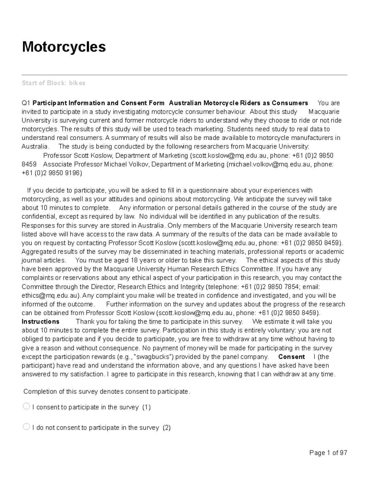 Motorcycles questionnaire text, corrected - Motorcycles Start of Block ...