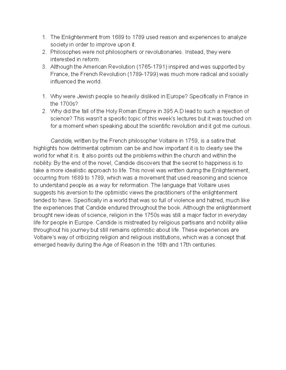 Modern History 3-2-1 Week 3 - The Enlightenment from 1689 to 1789 used ...