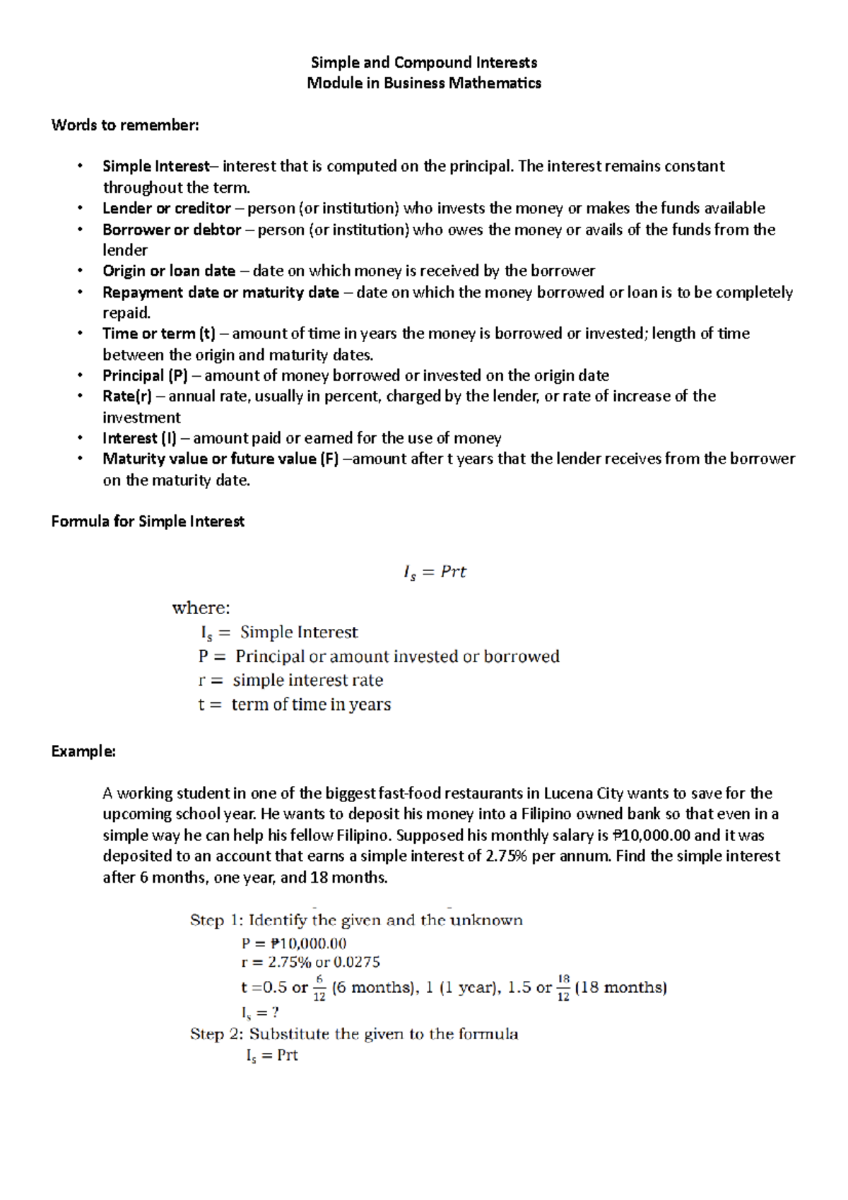 Business Math Simple and Compound Interests - Simple and Compound ...