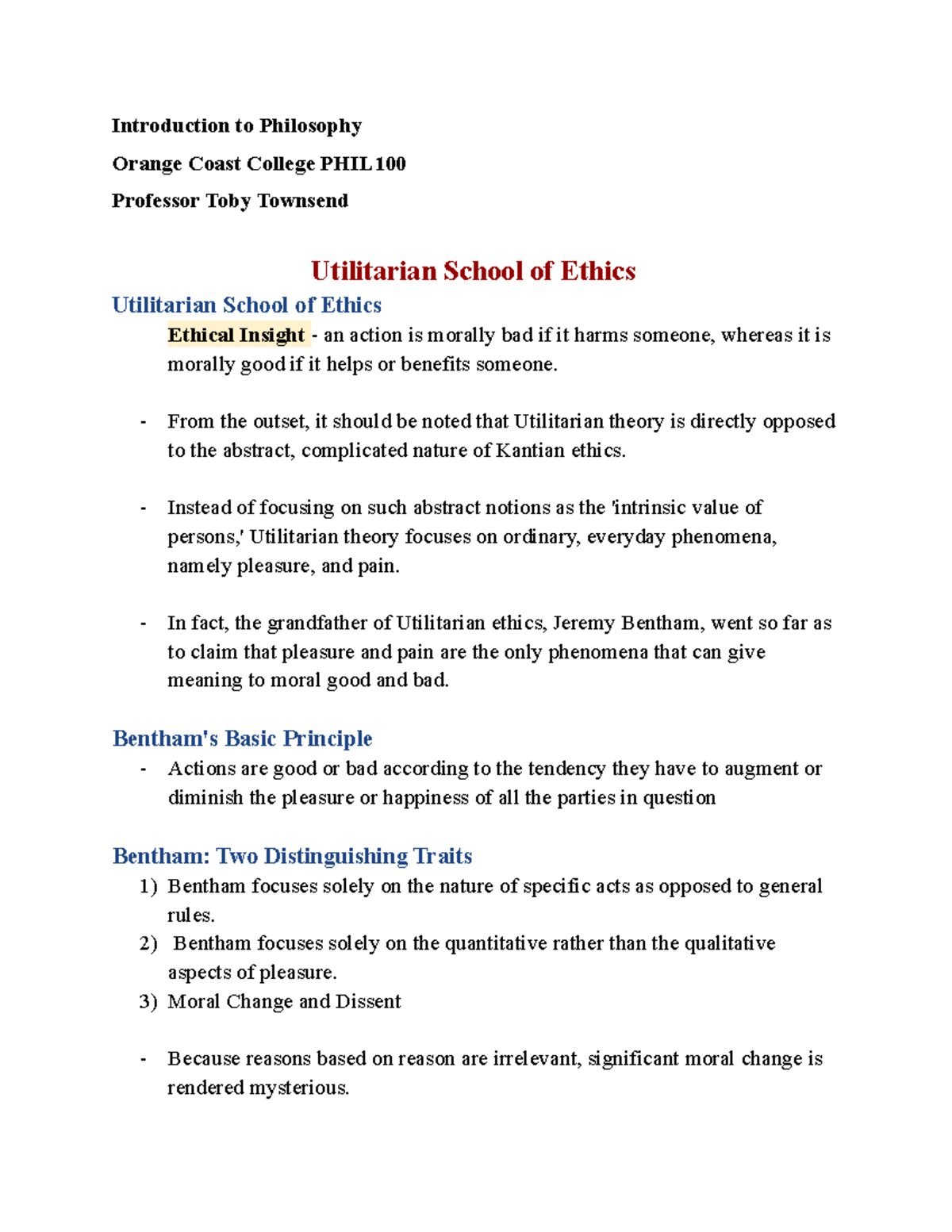 Utilitarian School of Ethics - Introduction to Philosophy Orange Coast ...