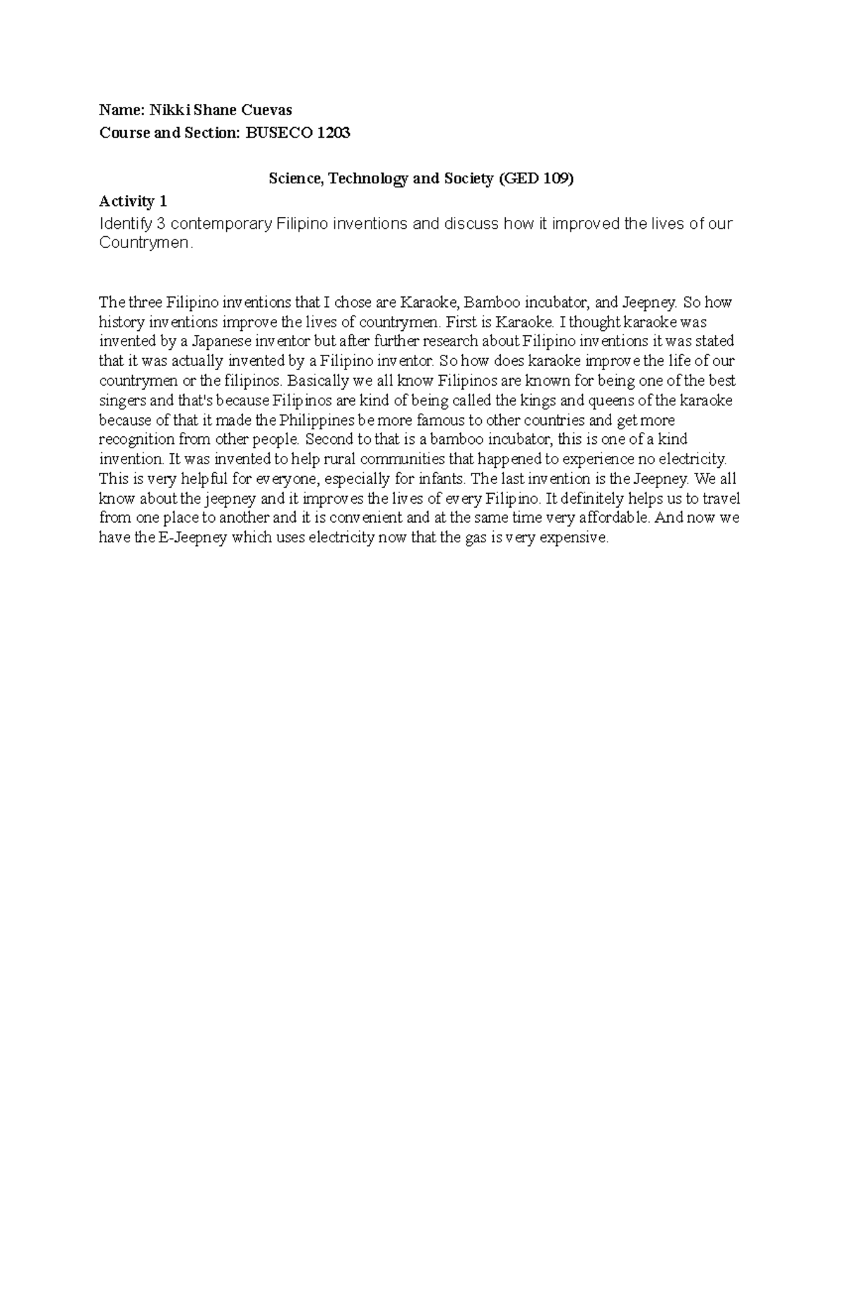 STS ACT 1 - Science technology and society activity - Name: Nikki Shane ...