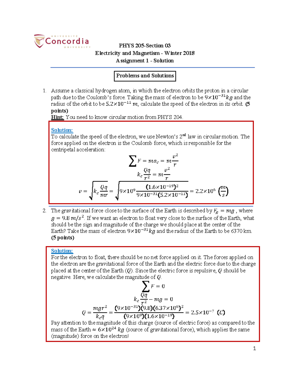 A1-Solutions - PHYS 205-Section 03 Electricity and Magnetism - Winter ...