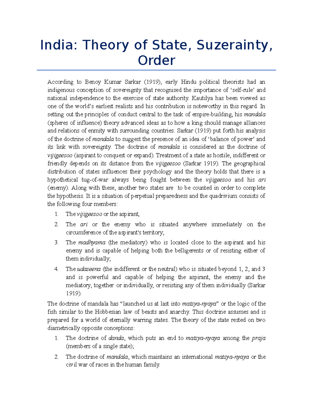 Indian Theory of State, Suzerainty, Order - India: Theory of State ...