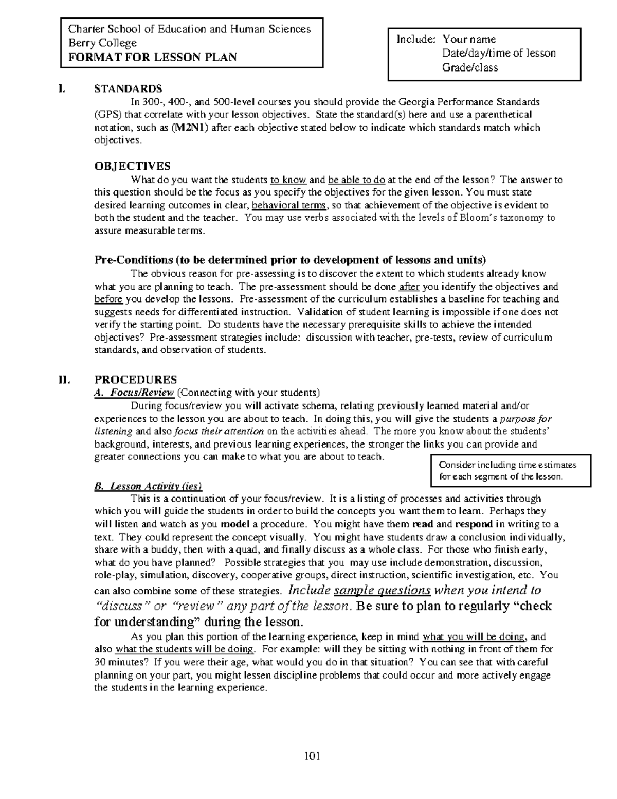 Format For Lesson Plan giving someone an idea on how to make a detailed ...