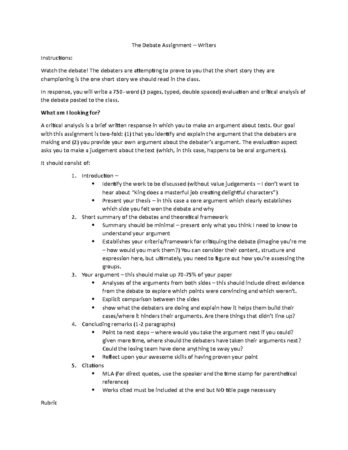 The Debate Assignment - essay question for rubric - The Debate ...