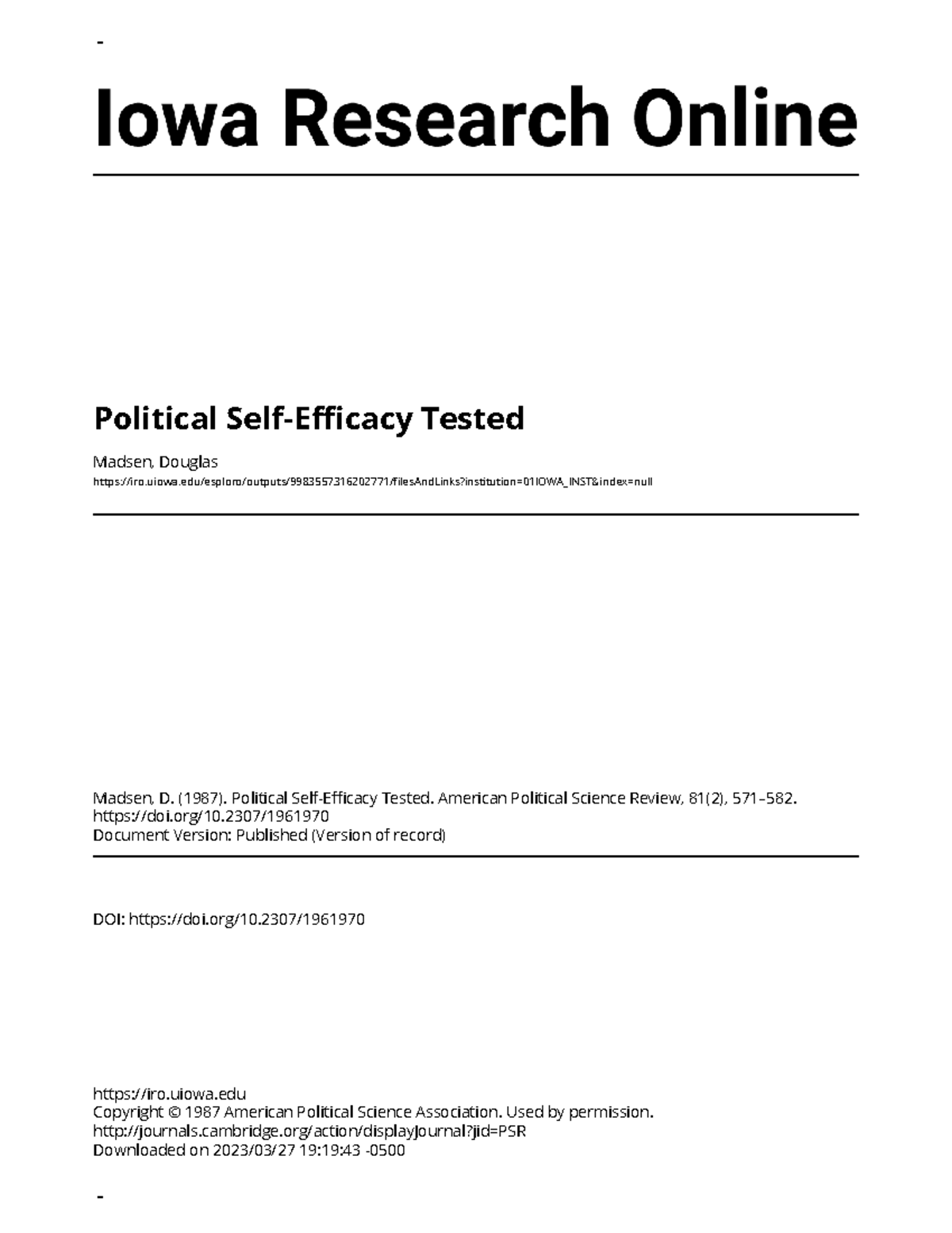 Political Self-Efficacy Tested - Political Self-Efficacy Tested Madsen ...