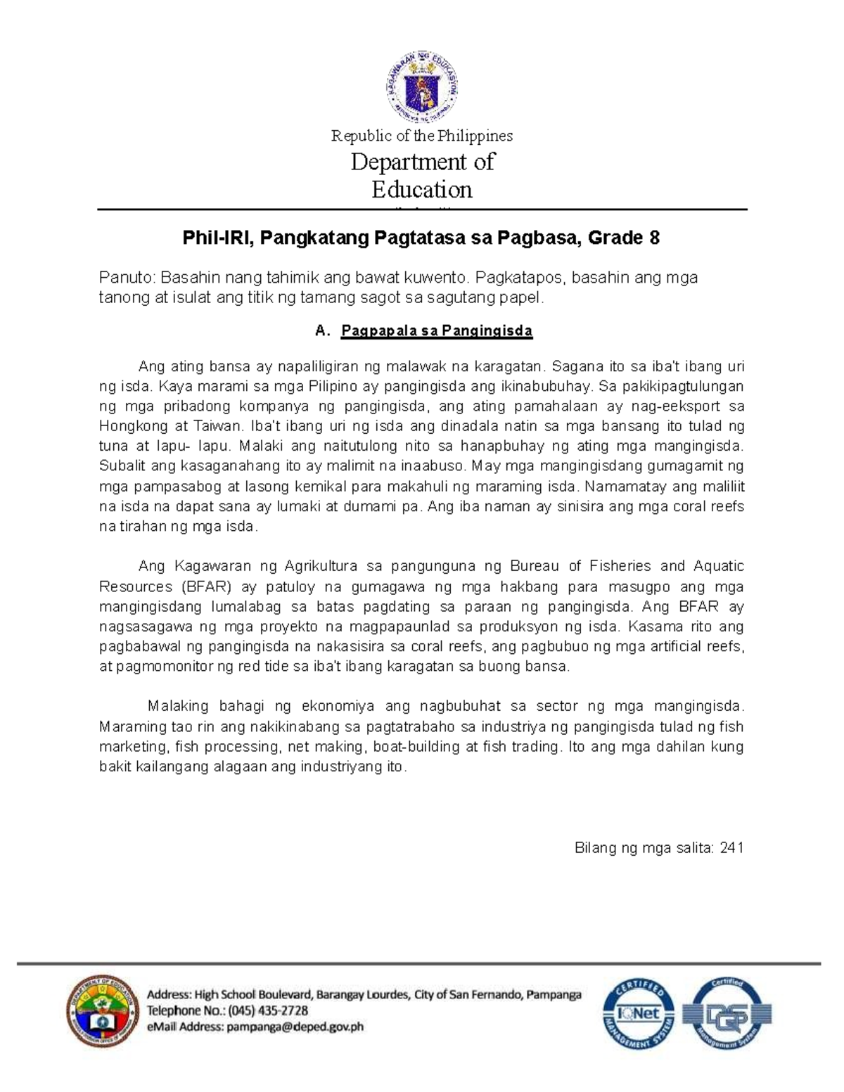 Phil IRI Grade 8 Report On Phil IRI Republic Of The Philippines Department Of Education phil-iri-grade-8-report-on-phil-iri-republic-of-the-philippines-department-of-education