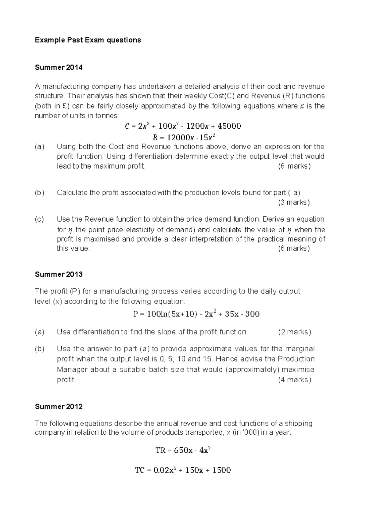 NEED TO Print Buisness CALC - Example Past Exam questions Summer 2014 A ...