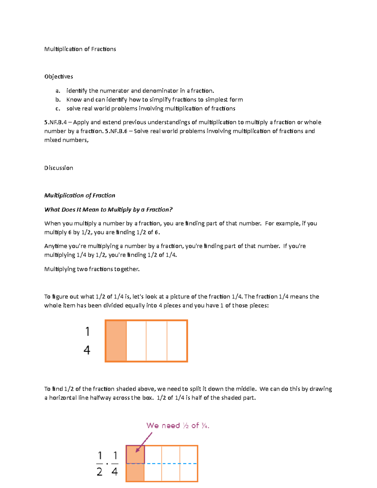 Multiplication of Fractions - Multiplication of Fractions Objectives a ...