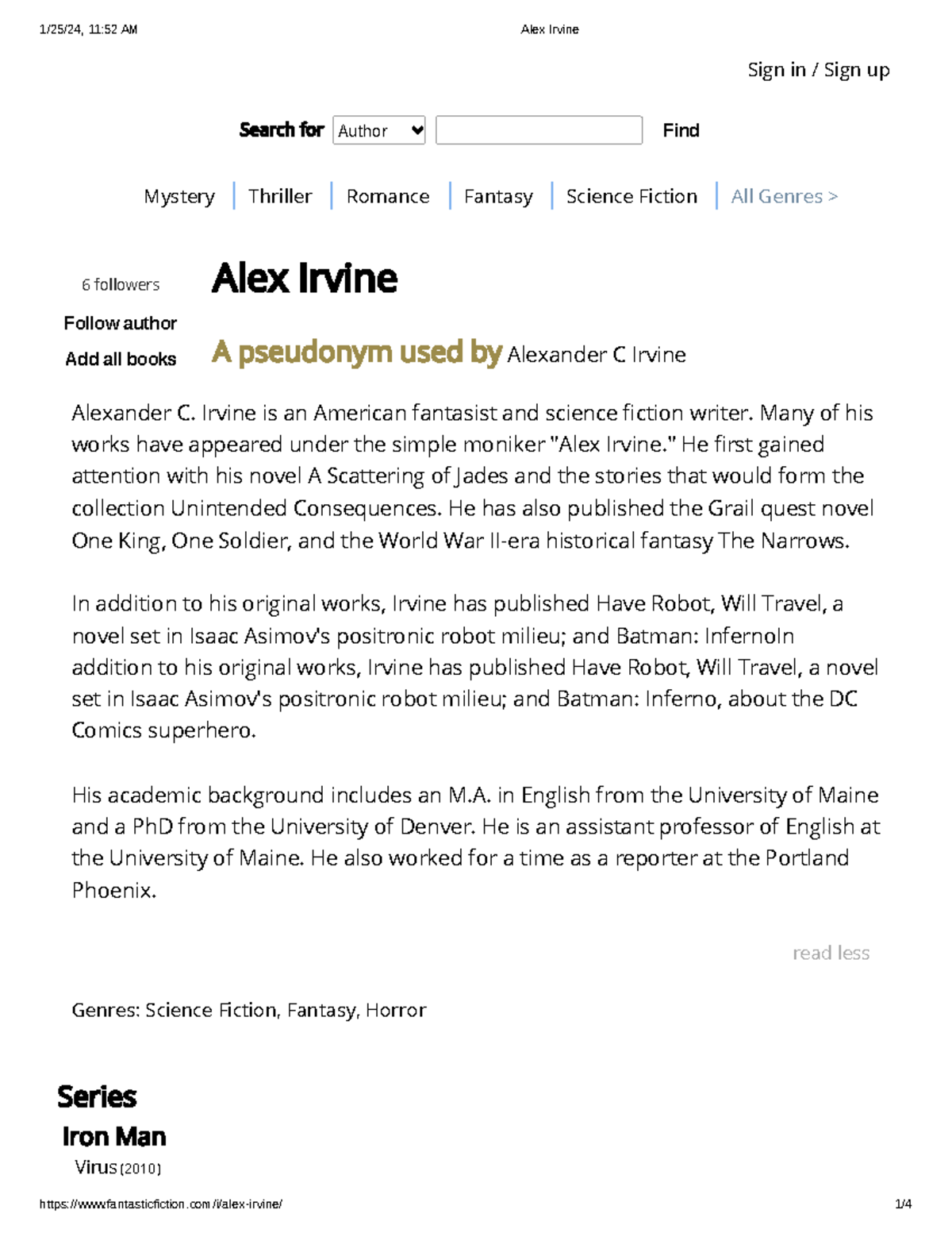 Alex Irvine - 1/25/24, 11:52 AM Alex Irvine fantasticfiction/i/alex ...