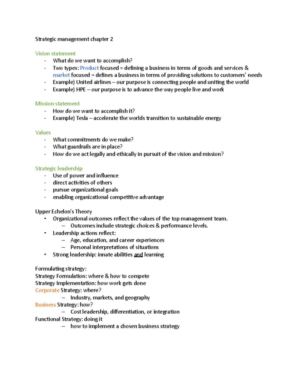 Strategic management chapter 2 - Outcomes include strategic choices ...