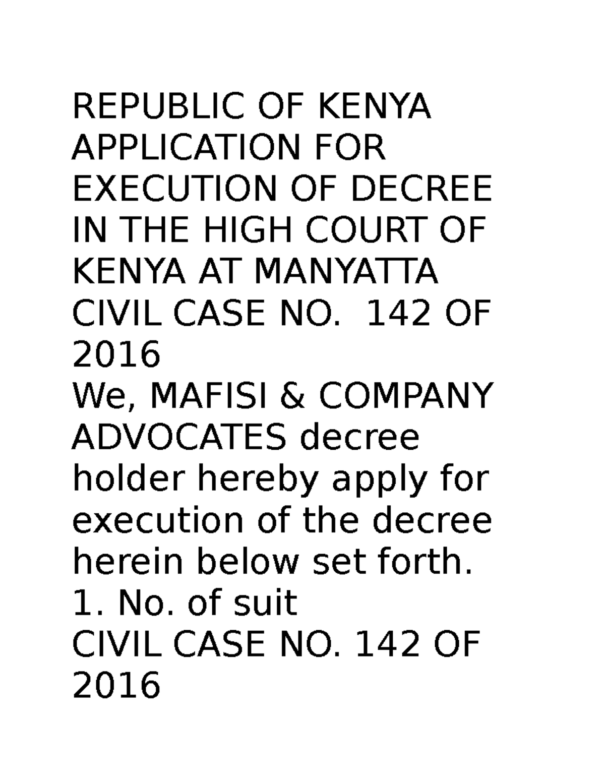 Republic OF Kenya - REPUBLIC OF KENYA APPLICATION FOR EXECUTION OF ...