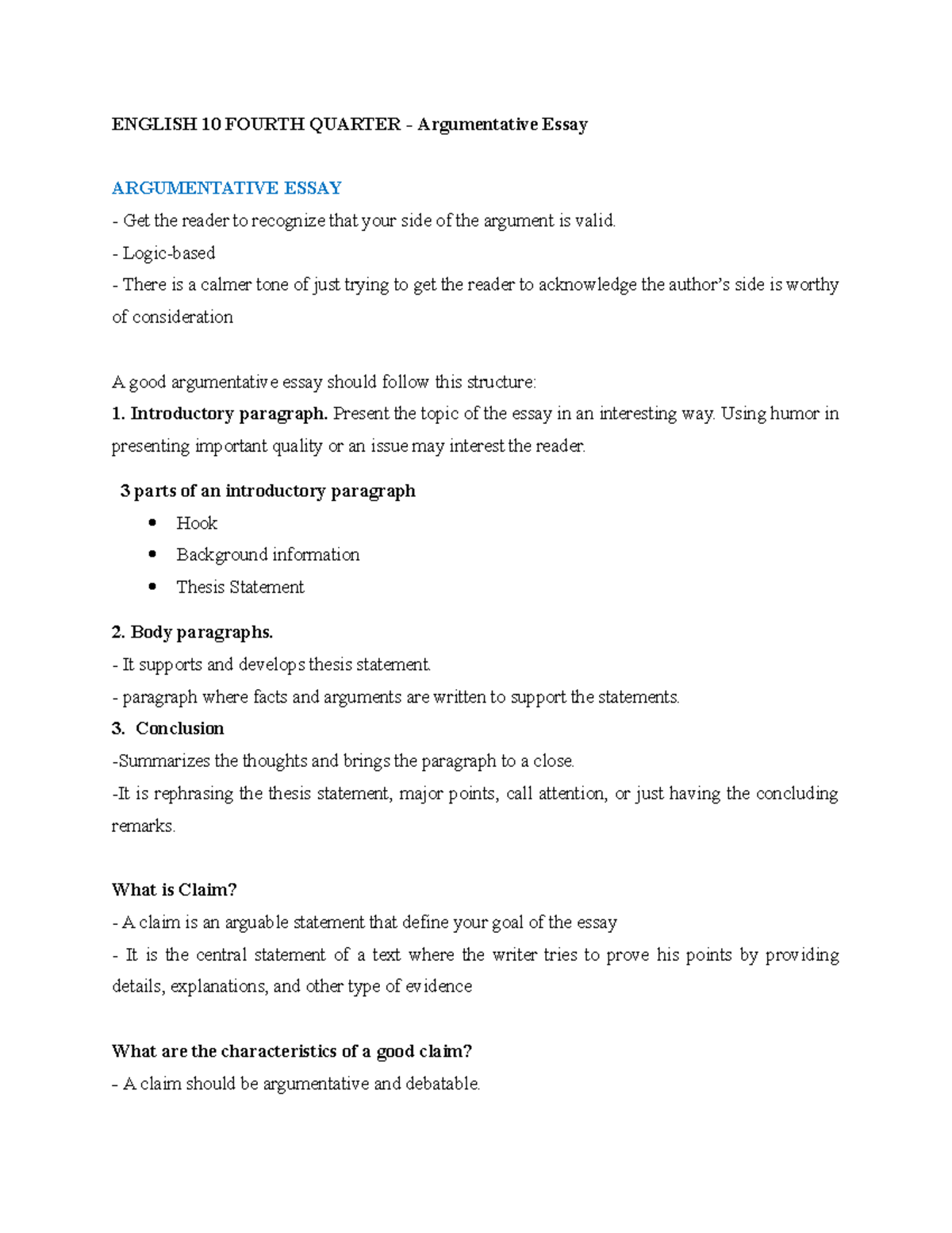 ENGLISH 10 FOURTH QUARTER - Argumentative Essay. - Logic-based There is ...