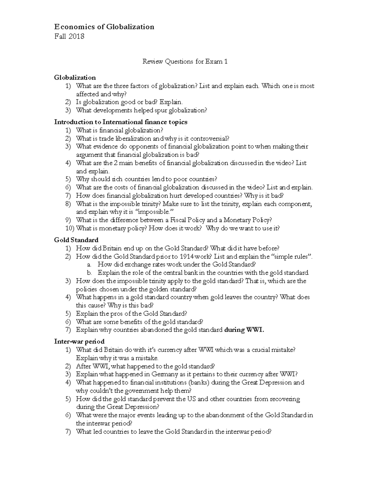Exam 1 Review Questions - Economics of Globalization Fall 2018 Review ...