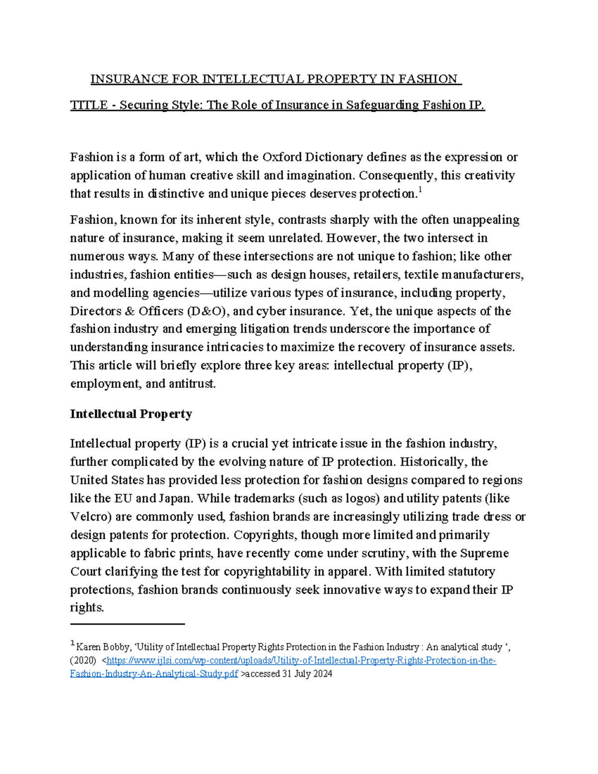 Insurance FOR Intellectual Property IN Fashion 1 - INSURANCE FOR ...