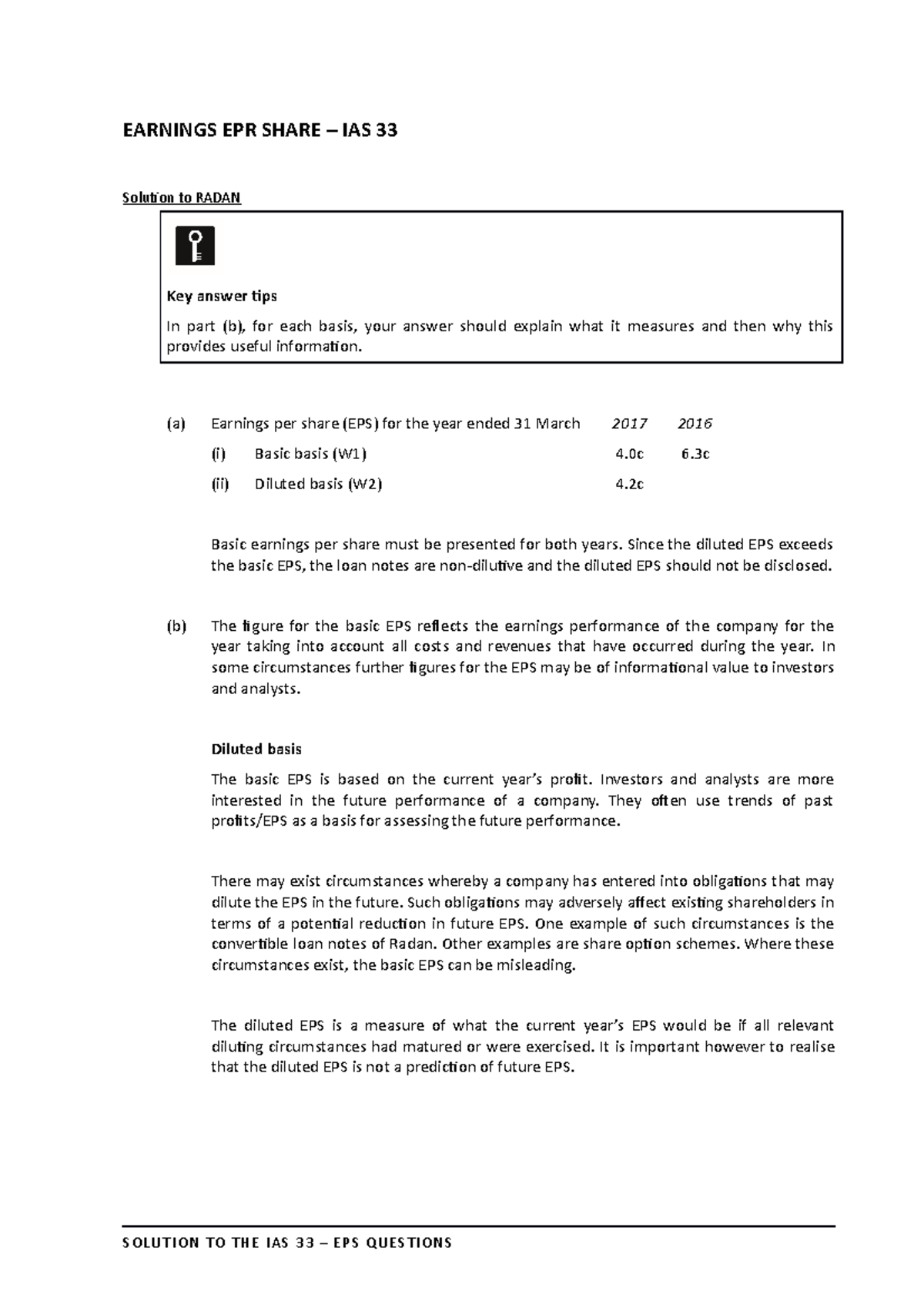 Answers to IAS 33 EPS Tutorial Questions - EARNINGS EPR SHARE – IAS 33 Solution to RADAN Key ...