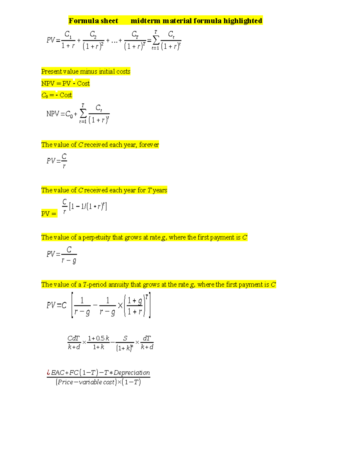 Formula Sheet Formula Sheet Midterm Material Formula Highlighted T C1