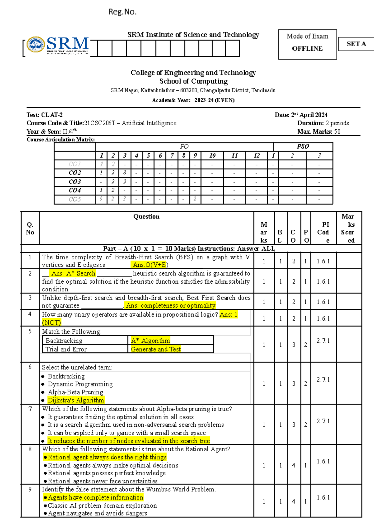 Set A Answer Key - Kdm - SRM Institute of Science and Technology ...