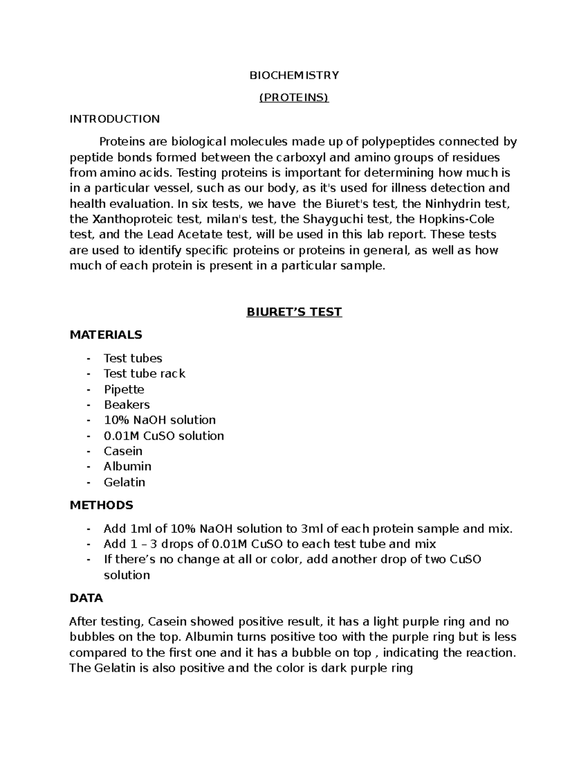 Proteins - lab report - BIOCHEMISTRY (PROTEINS) INTRODUCTION Proteins ...