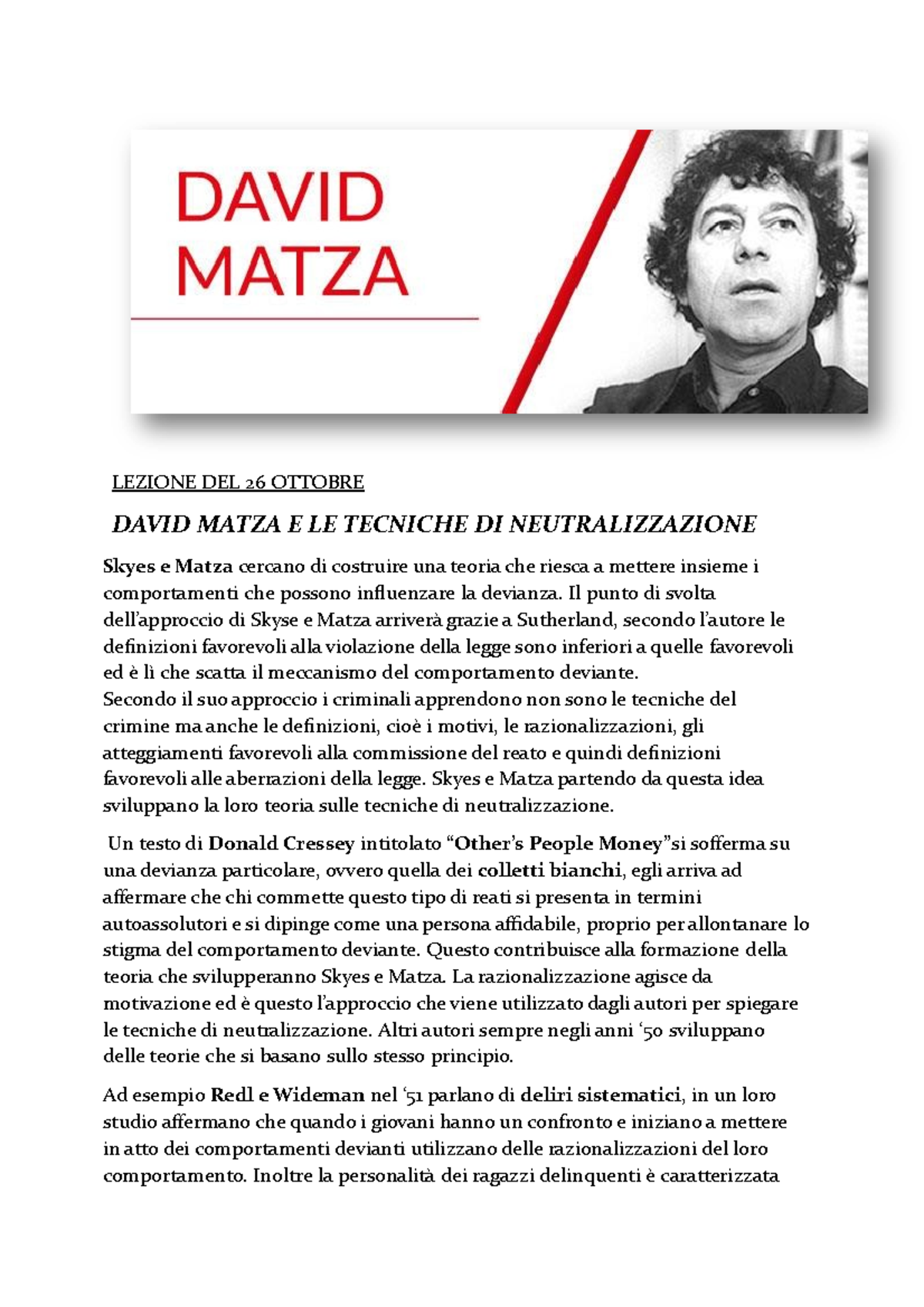 Mazda corso di sociologia appunti - LEZIONE DEL 26 OTTOBRE DAVID MATZA ...