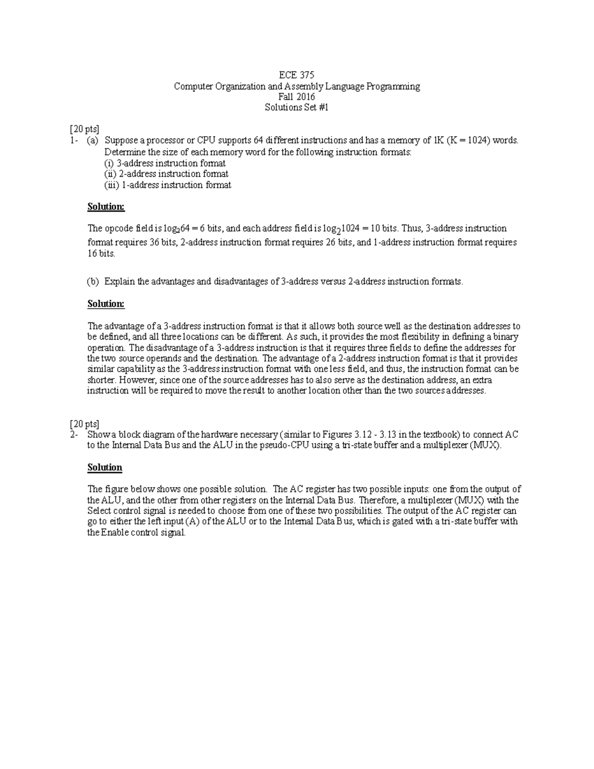 Hw1 sols ece375 fa16 - ECE 375 Computer Organization and Assembly Language Programming Fall 2016 ...