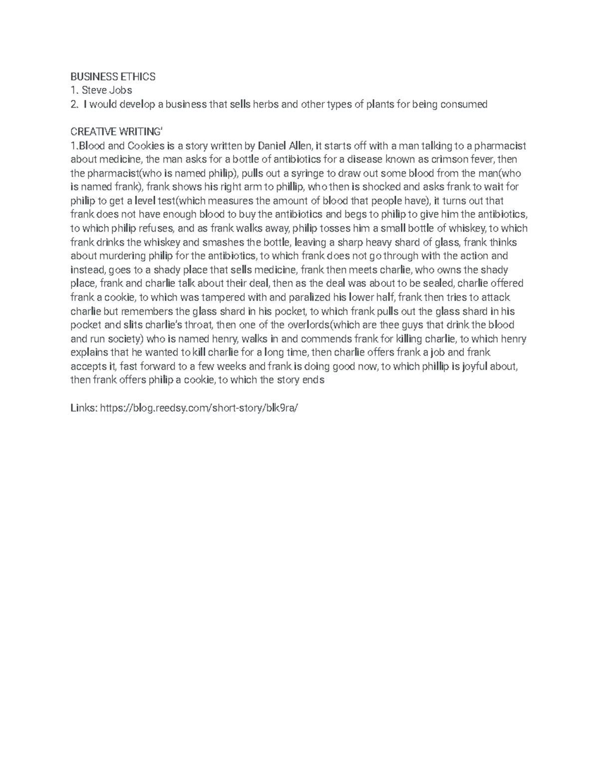 Business Ethics - Creative Writing Activity - BUSINESS ETHICS Steve ...
