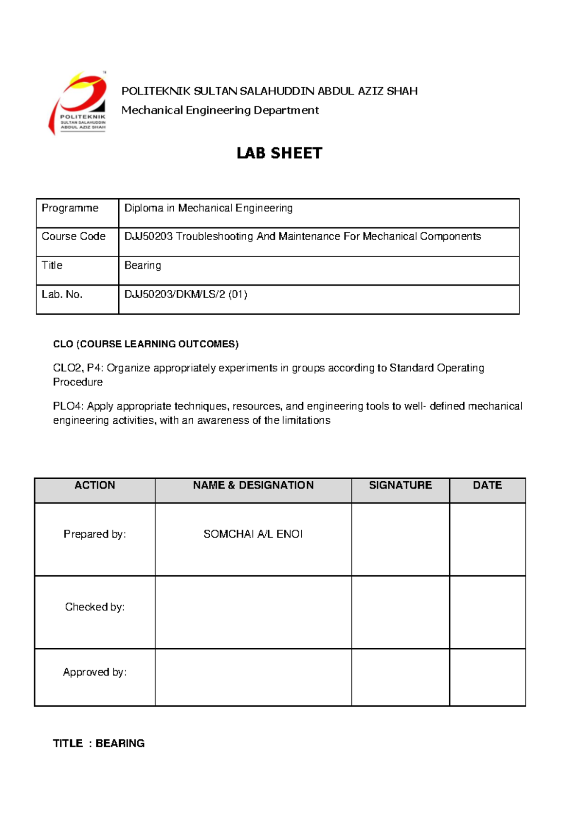 LAB- Sheet DJJ50203 Bearing - LAB SHEET Programme Diploma in Mechanical ...