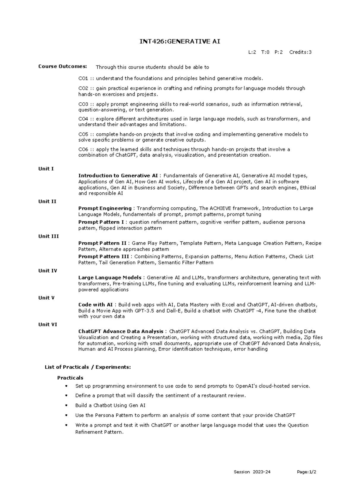 AI - ai syllabus - INT426:GENERATIVE AI Course Outcomes: CO1 ...