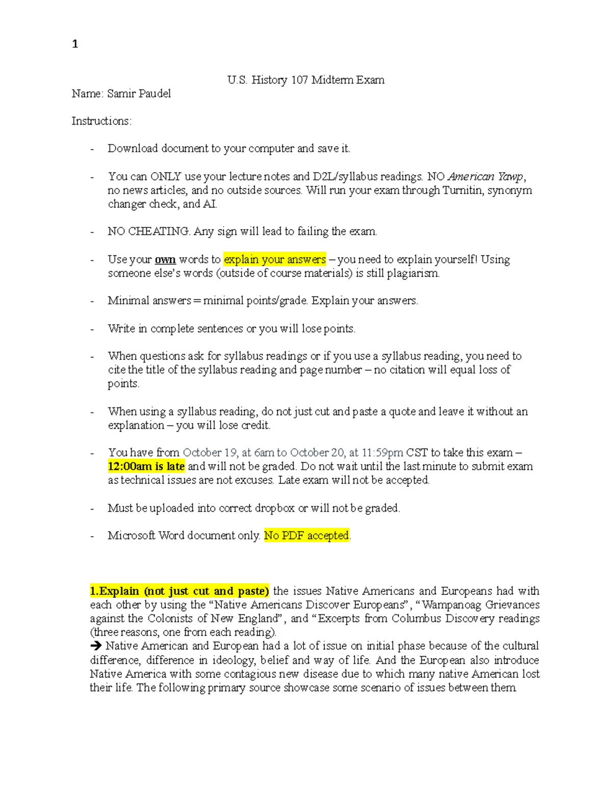 US History Midterm - U. History 107 Midterm Exam Name: Samir Paudel ...