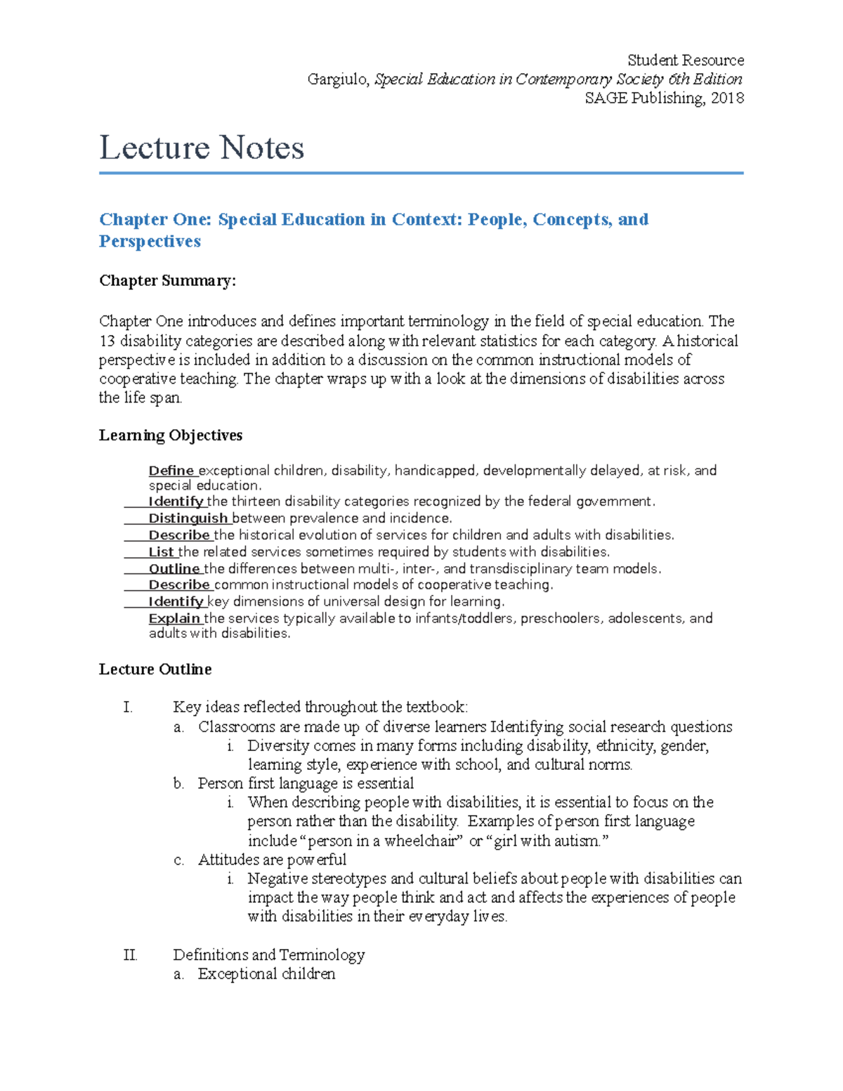 Lecture Notes Chapter One Special Educat - Gargiulo, Special Education ...
