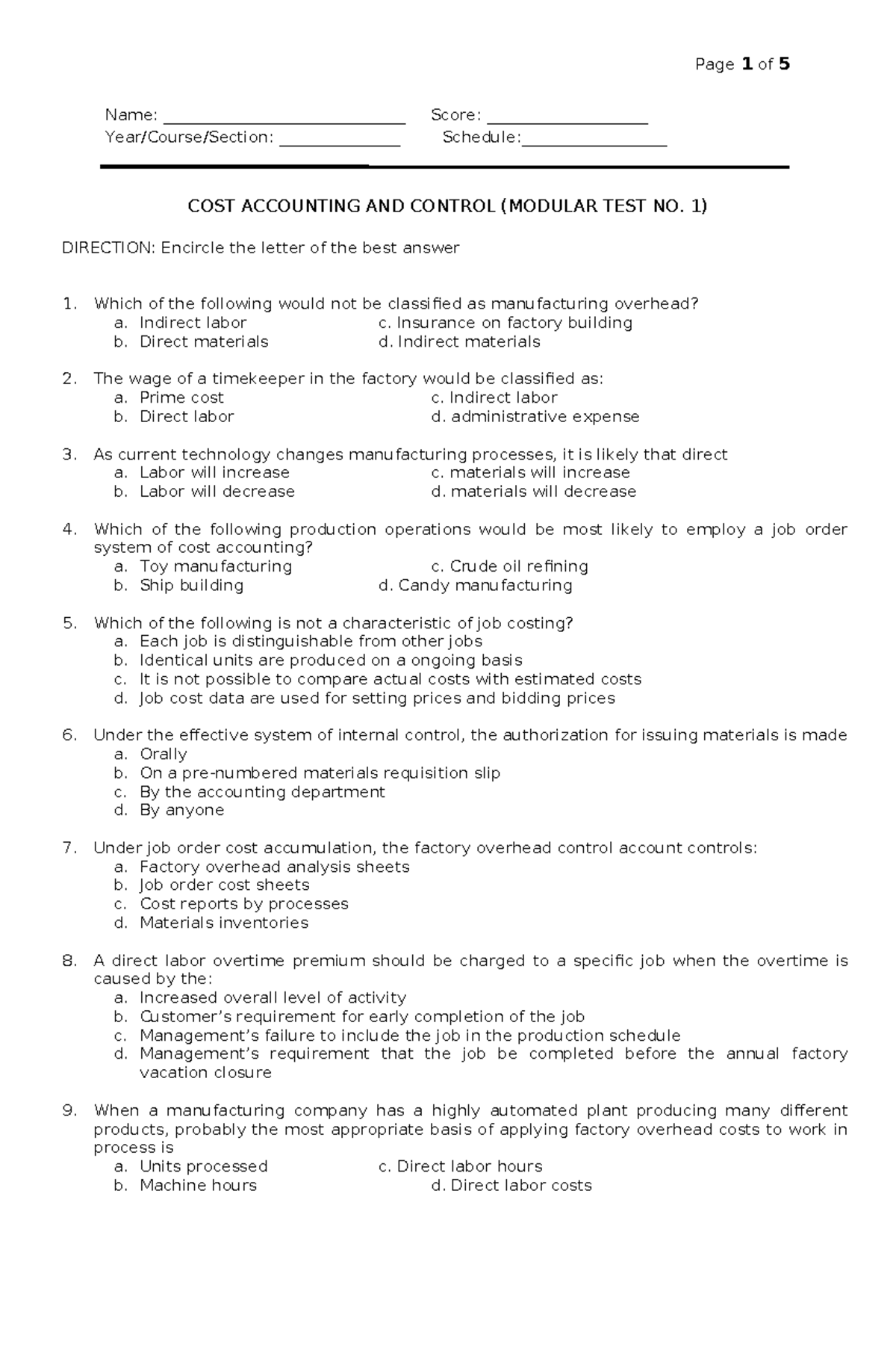 Cost Accounting and Control Practical Exam - Name ...