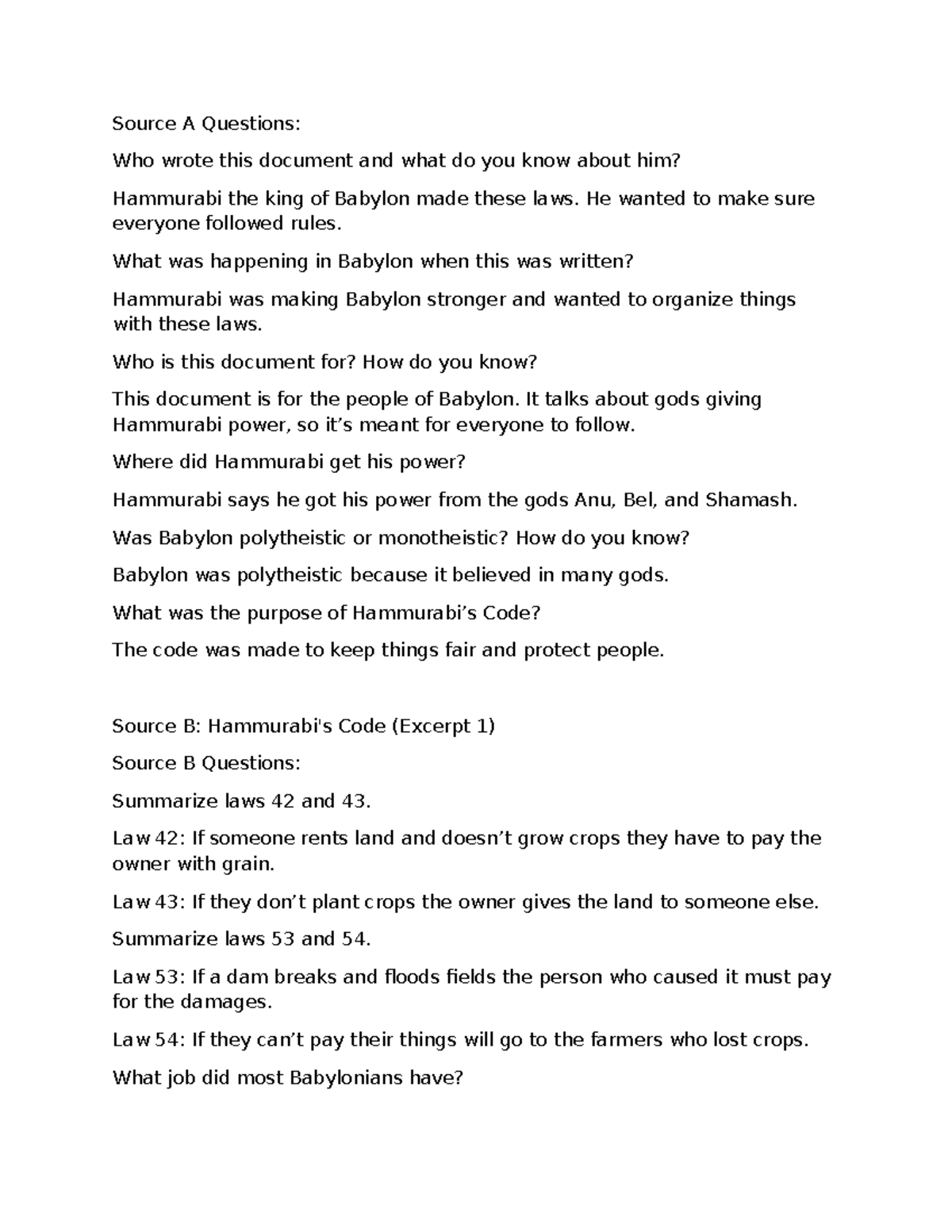 Hammurabi Code Document Analysis - Source A Questions: Who wrote this ...