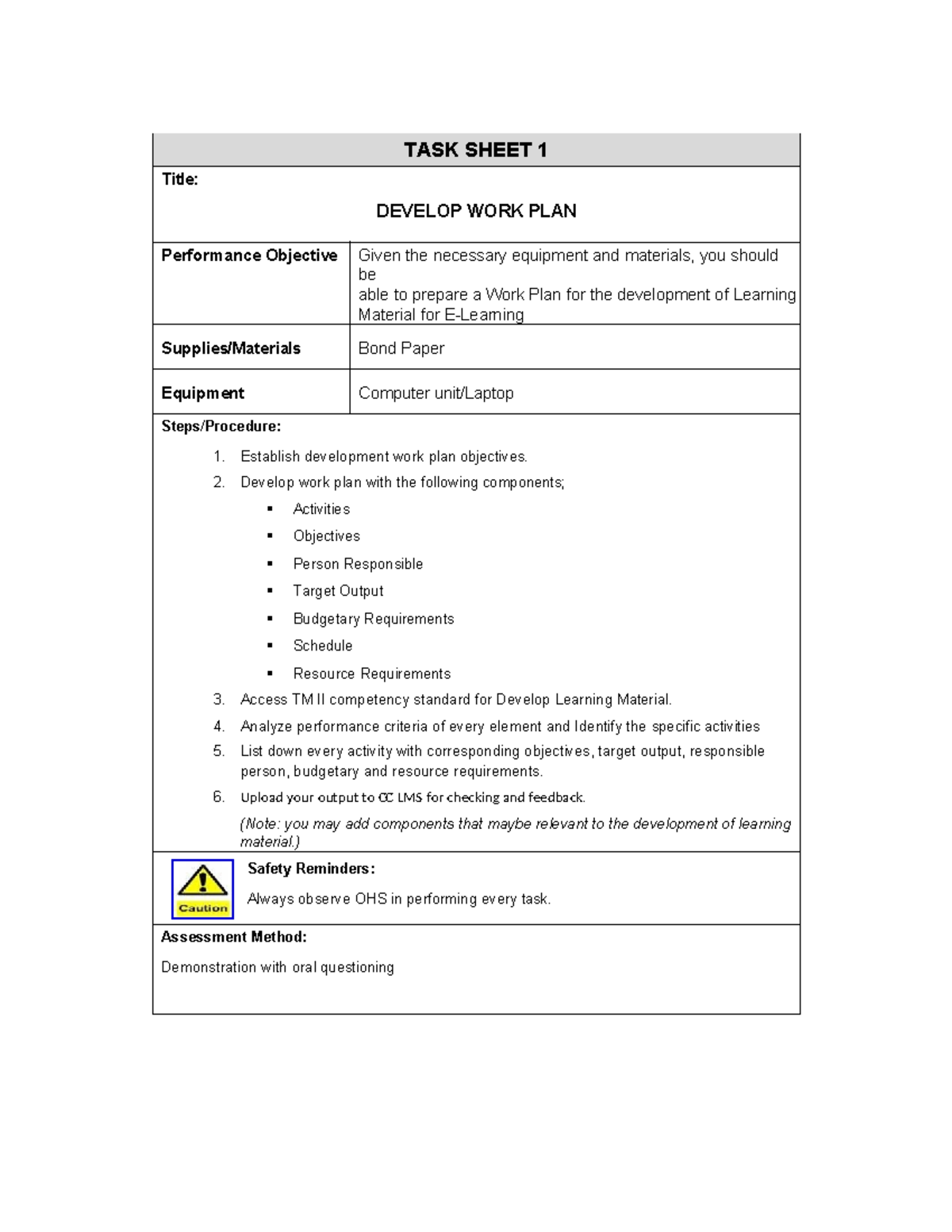 DLMe Task 1 - Prepare Work Plan - TASK SHEET 1 Title: DEVELOP WORK PLAN ...