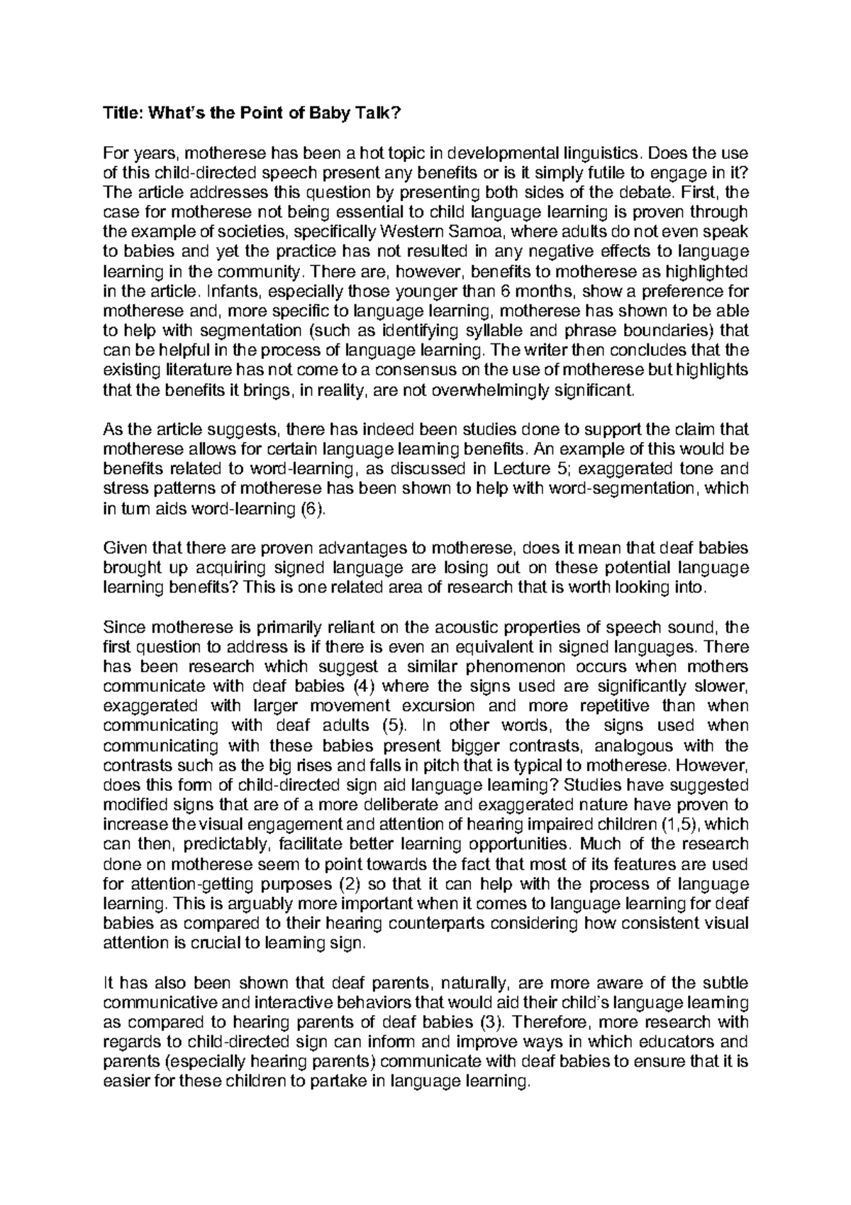 HG2013 Essay 2 - Title: What9s the Point of Baby Talk? For years ...